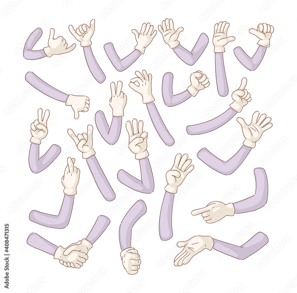 Comic gloved arms set. Comic retro hands in gloves hand character shows ...