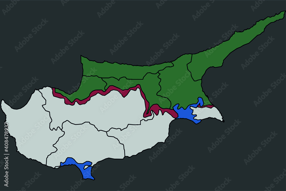 Outline color vector map of Cyprus with the designation of modern ...