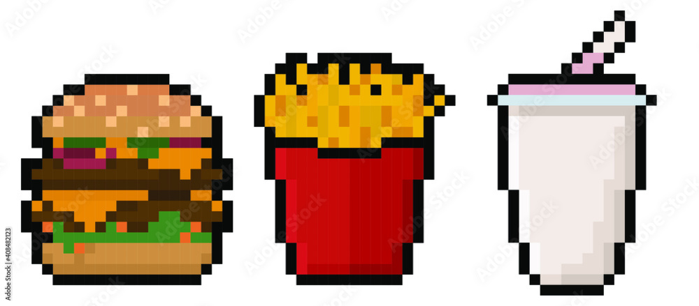 Set of pixel fast food items - hamburger, french fries, and a milkshake ...