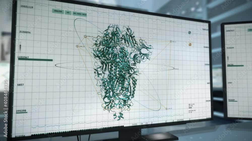 Inside a research laboratory. Two computer monitors on a desk. Advanced ...