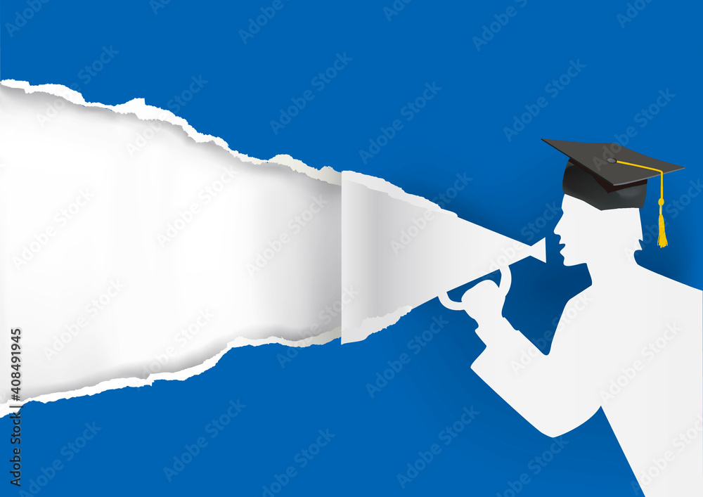 Paper student, graduate with megaphone. Blue paper background with ...