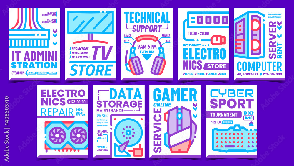 Computer Collection Promotion Posters Set Vector. Computer Server Rent ...