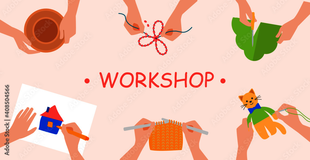 Needlework and drawing, potter work and knitting, beadwork. Kids hands ...