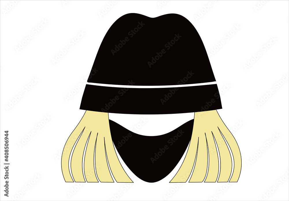 Logo girl in a black cap and black mask. Hair blonde. On an isolated ...