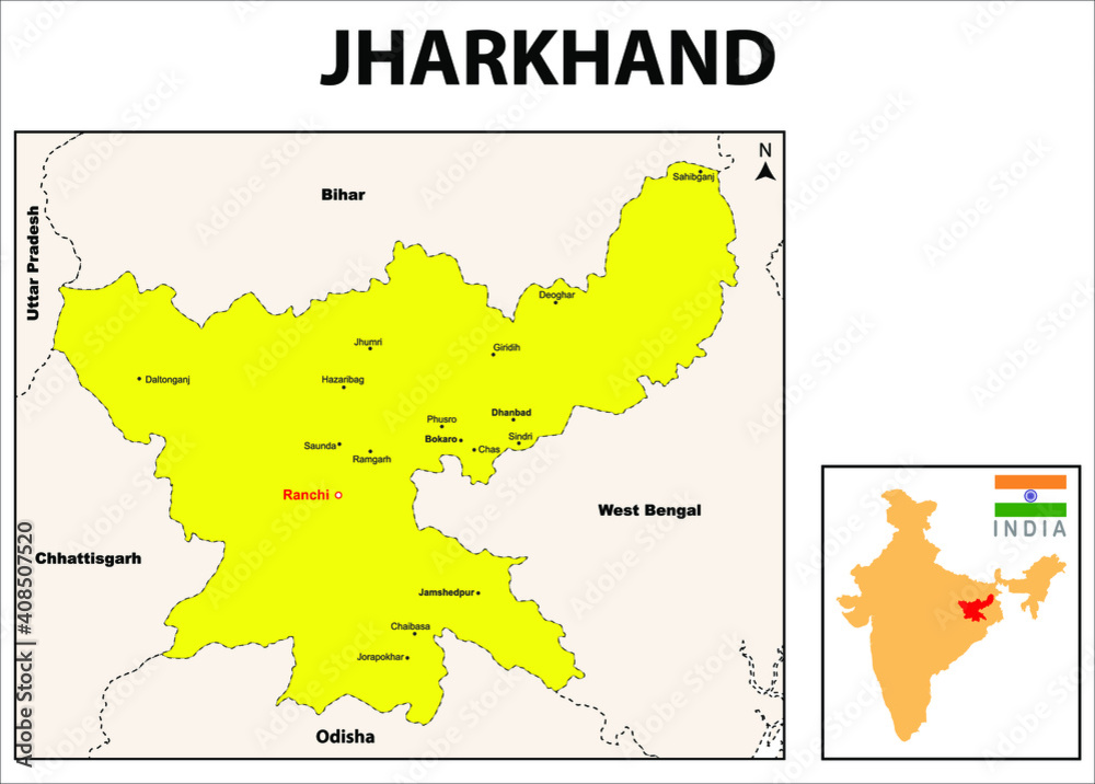 Jharkhand map. Showing International and State boundary and district ...