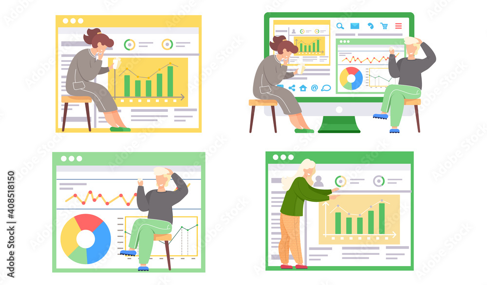Woman and man reports standing near presentation with charts talking to ...