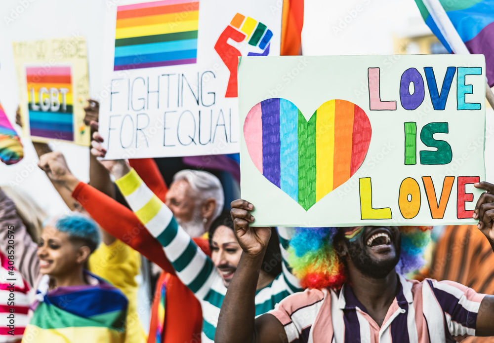 Happy Multiracial people celebrating gay pride event - Group of friends ...