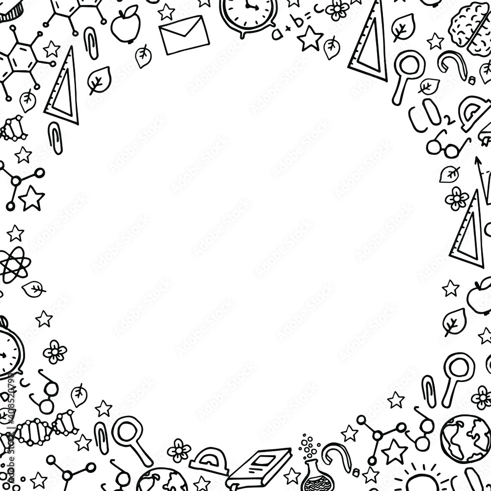 Vector frame template with school symbols. Physics, chemistry, biology ...
