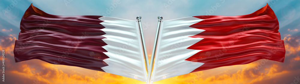 Bahrain Flag and Qatar flag waving with texture sky Cloud and sunset ...