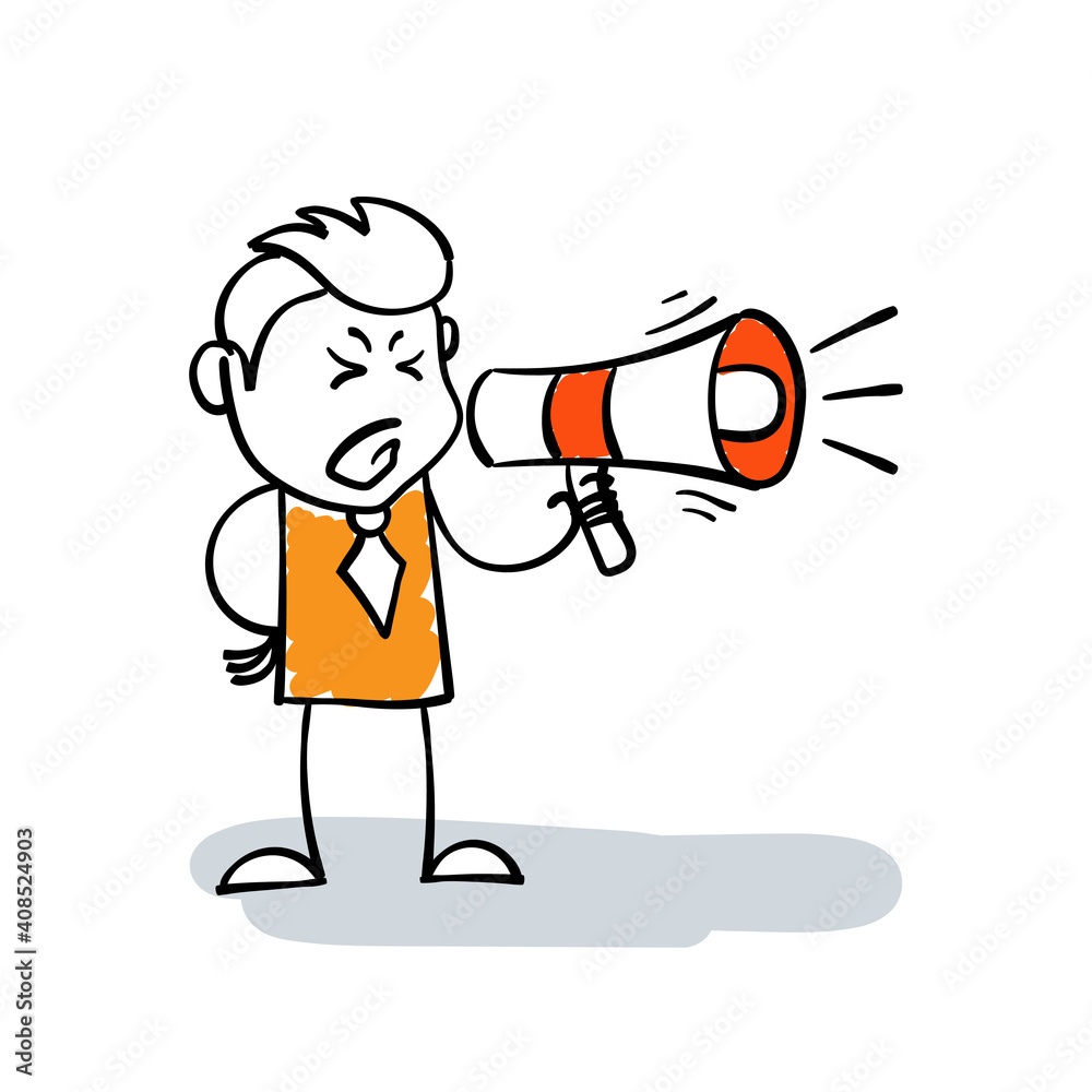 Cartoon Stick man shouting or screaming in loudspeaker. Stick figure ...