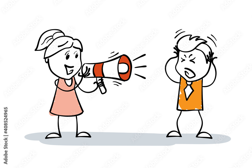Stick Woman character loud speak with salesman or manager using ...