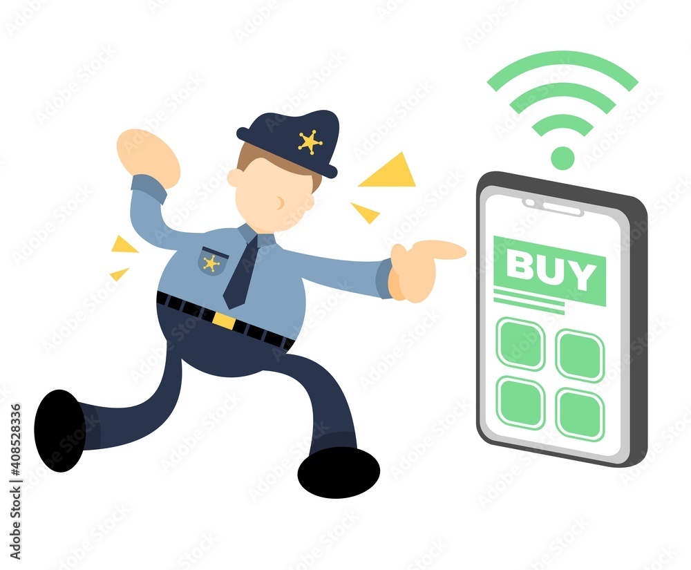 police officer and digital shop mobile phone cartoon doodle flat design ...