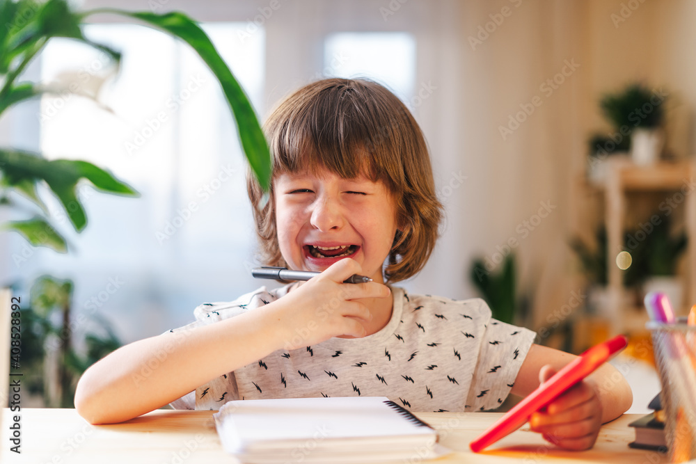 Back to school. Distance learning online education. Caucasian smile kid ...