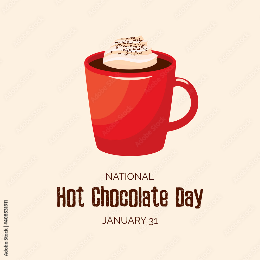 National Hot Chocolate Day vector. Red cup of cocoa with whipped cream ...