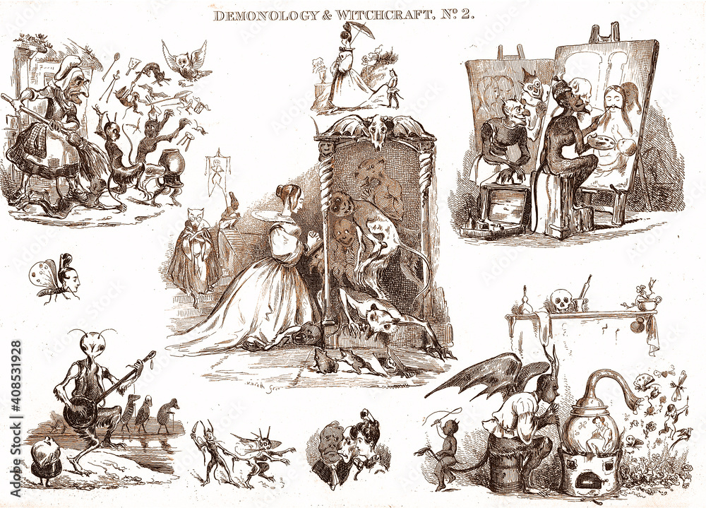 Demonology and Withcraft 2. Series of old vintage cartoons depicting ...