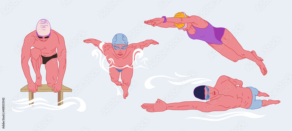 Collection of people dressed in swimwear in the pool. Men and women in ...