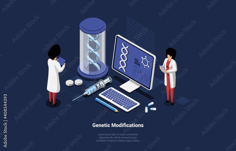 Genetic Modifications Concept Illustration In Cartoon 3D Style. Vector ...