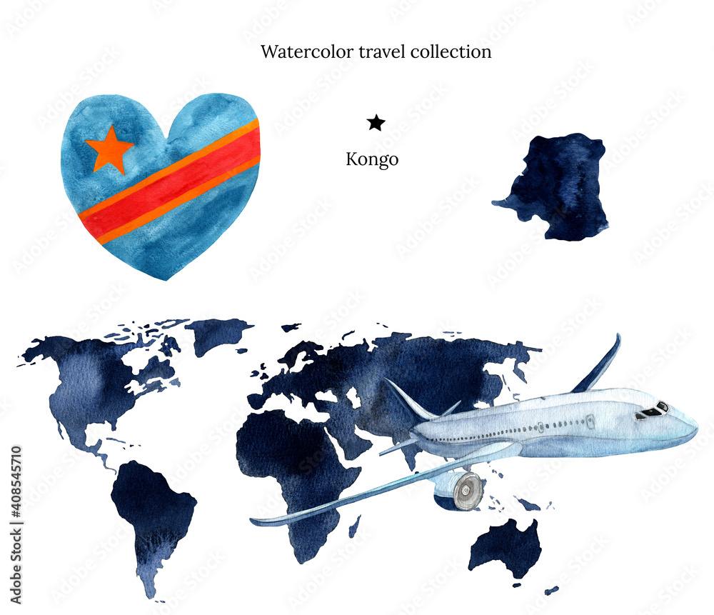 Watercolor hand drawn flag and map of Kongo.Blue world map with ...