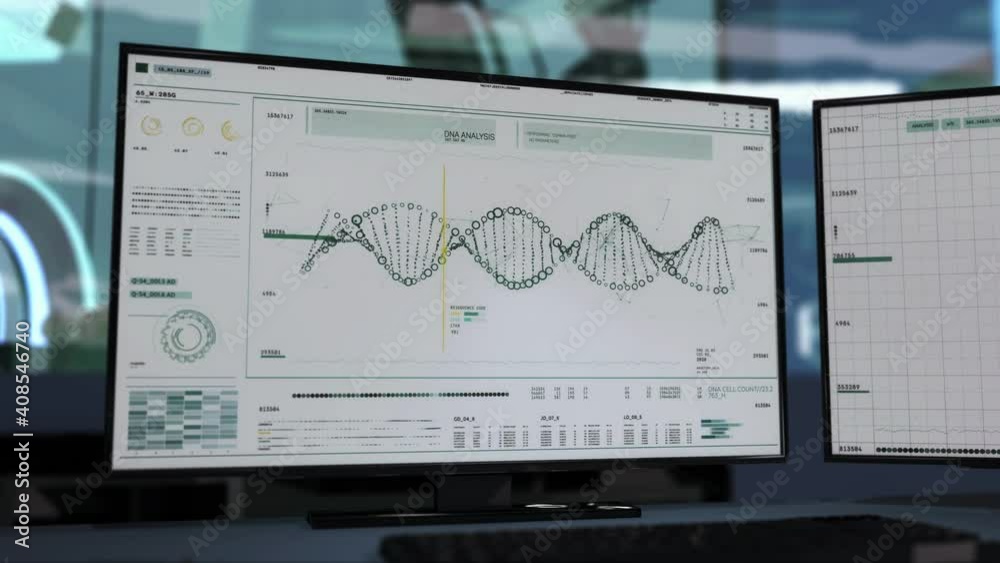 Two computer screens on a desk inside of a laboratory. DNA analysis ...