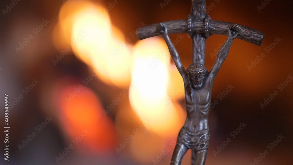 Crucifix Silhouette on Fire Flames Defocused Dark Background Slow ...