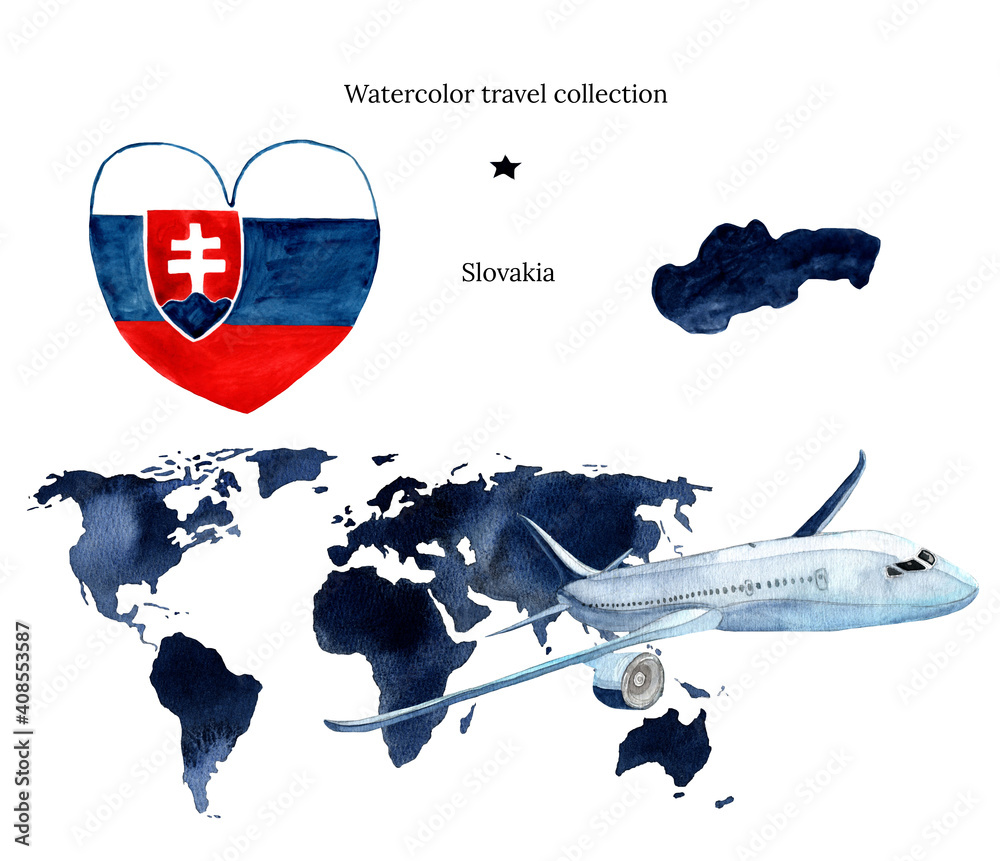 Watercolor hand drawn flag and map of Slovakia.Blue world map with ...