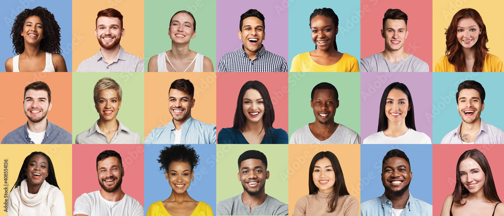 Positive Multiethnic People Faces Collage Over Different Colored ...