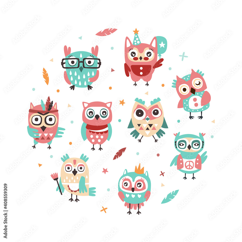Cute Hand Drawn Owlets in Circular Shape Banner Template, Cover, Poster ...