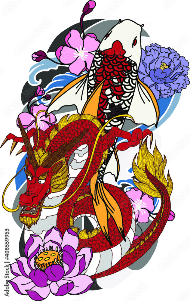hand drawn Dragon and koi fish with flower tattoo for Arm,Japanese carp ...