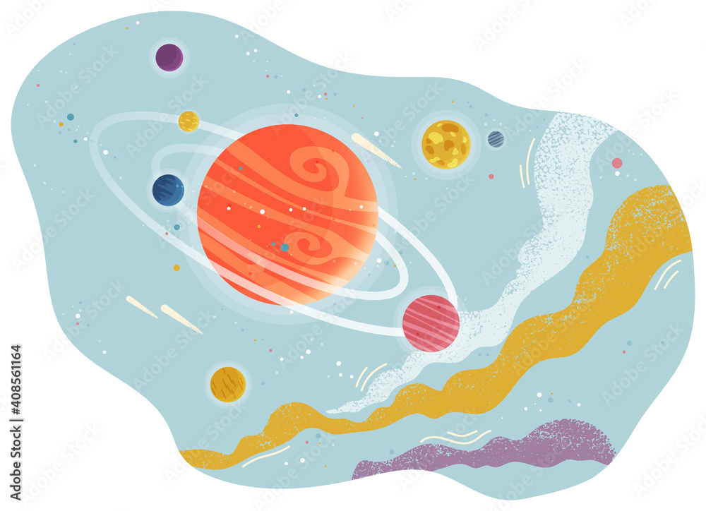 Cartoon red fantastic planet on light blue space background. Saturn ...