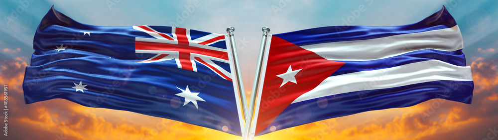 Cuba Flag and Australia flag waving with texture sky Cloud and sunset ...