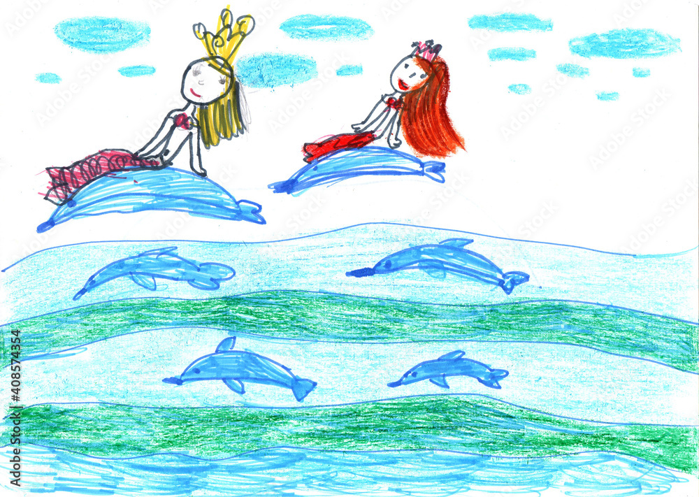 Drawing cute mermaid swimming with dolphin. Pencil art. Stock ...