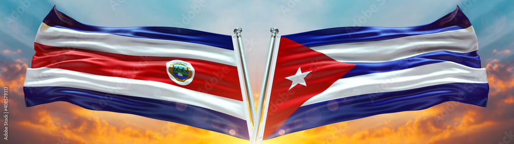 Cuba Flag and Costa Rica flag waving with texture sky Cloud and sunset ...