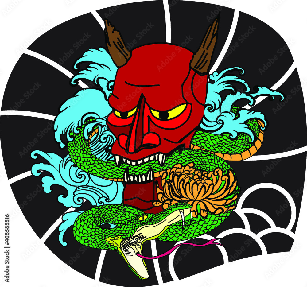 Japanese demon mask with peony and Cherry blossom on wave tattoo.Hanya ...