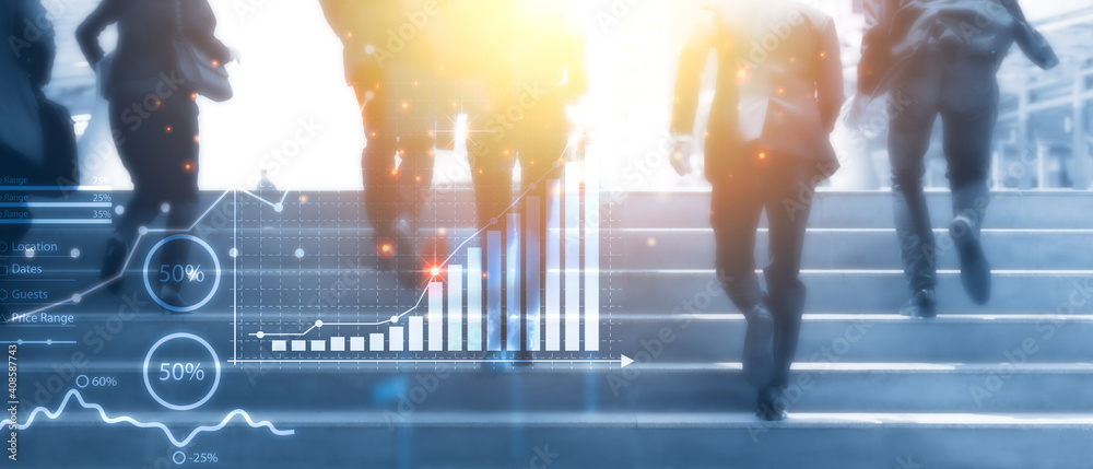 Business people step up and analyzing sales data and economic growth ...