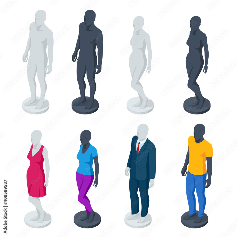 Isometric Adjustable Male and Female Mannequin Full Body. Set of ...