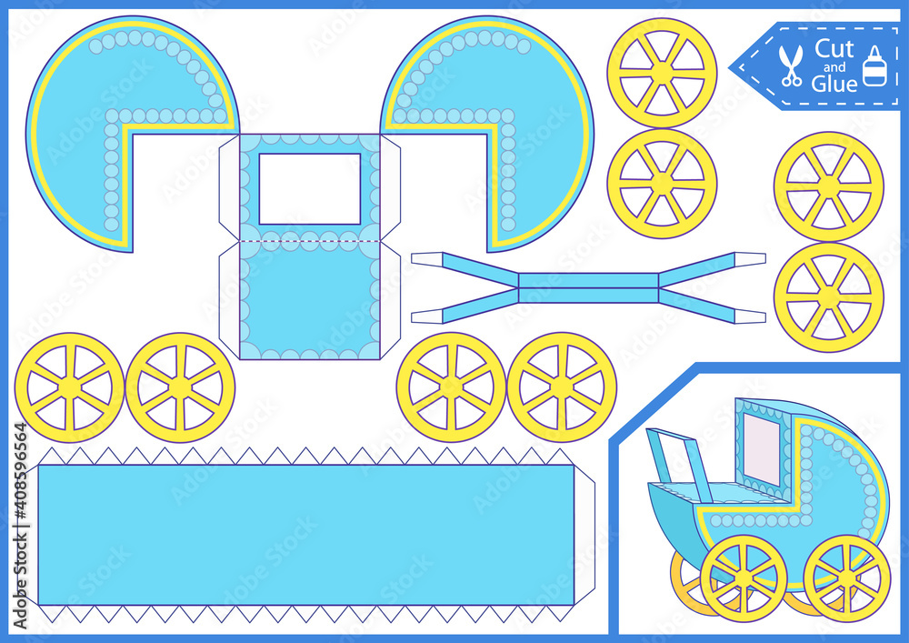 3d baby carriage. Baby shower blue invitation and decor. Kids worksheet ...