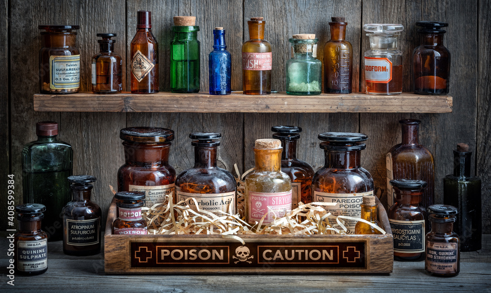 Bottles with drugs from old medical, chemical and pharmaceutical glass ...