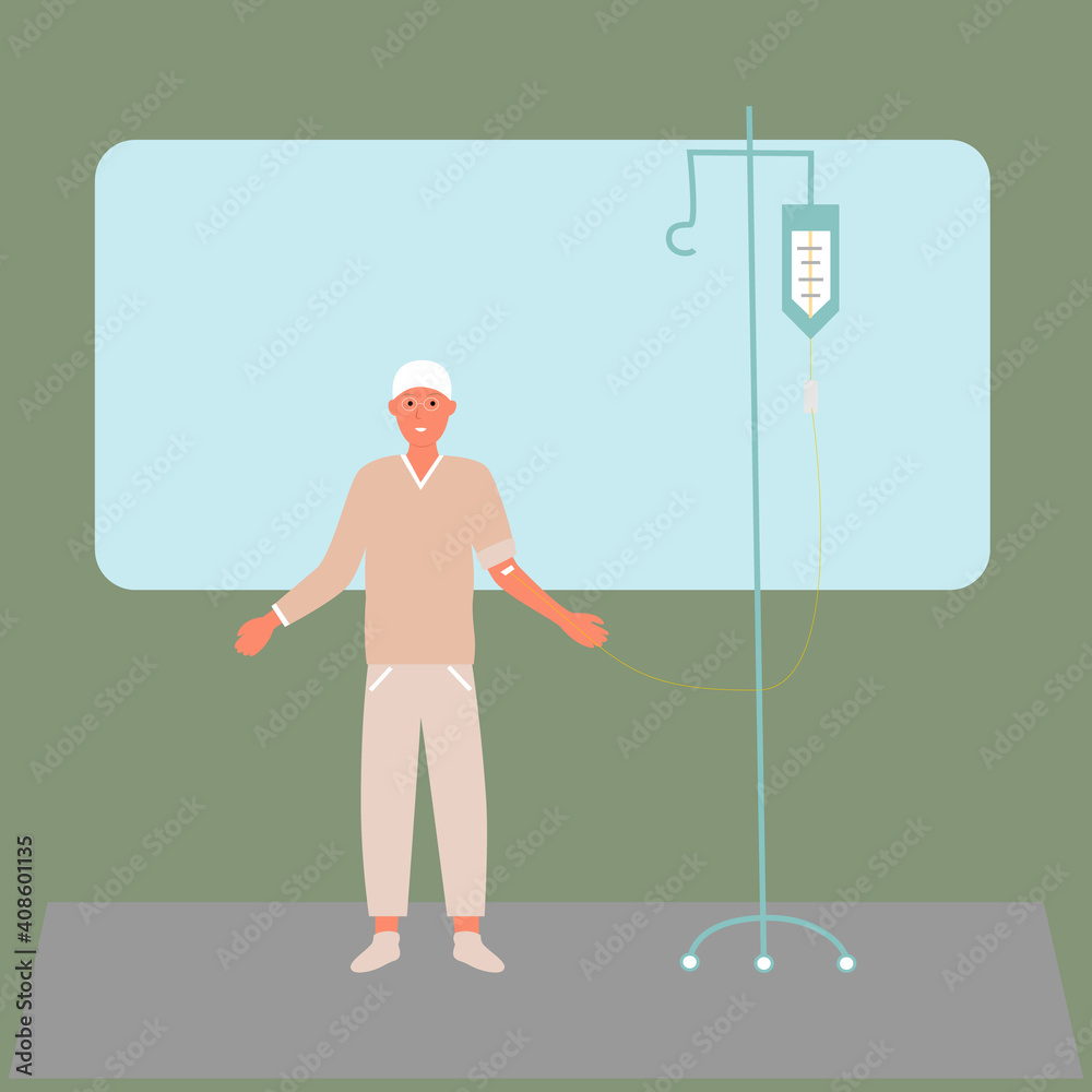 Cartoon poster of a bald boy receiving chemotherapy. Flat illustrations ...
