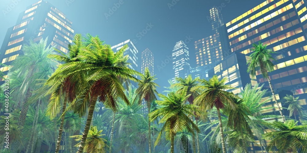 Skyscrapers in the palm trees, palms and high-rise buildings ...