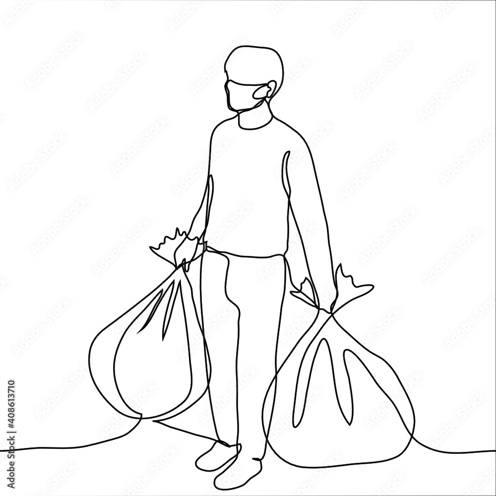 man in full growth stands with full bags of garbage. one line drawing ...