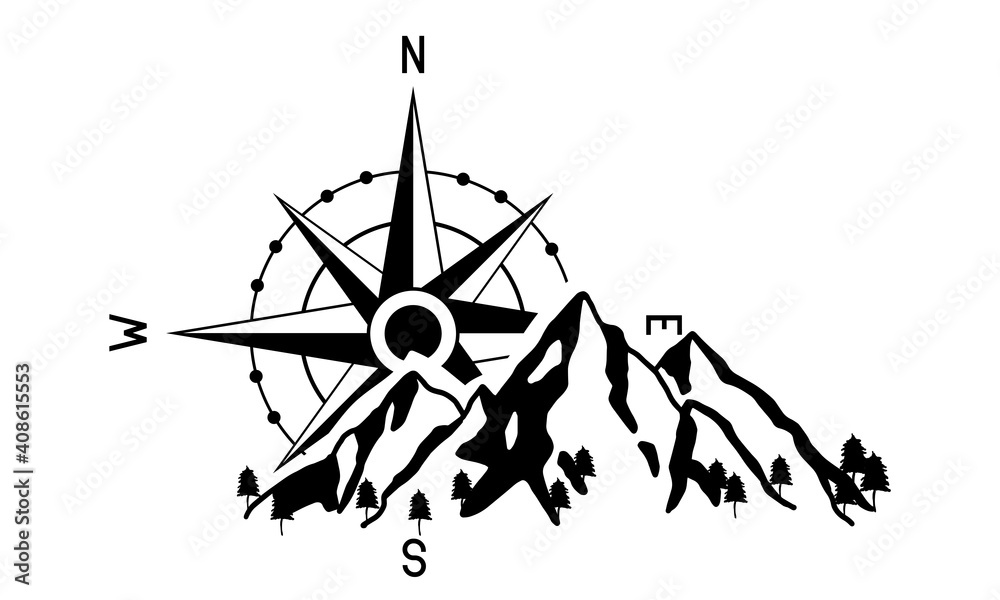 Mountains Trees Compass Tattoo Design. Adventure and travel background ...