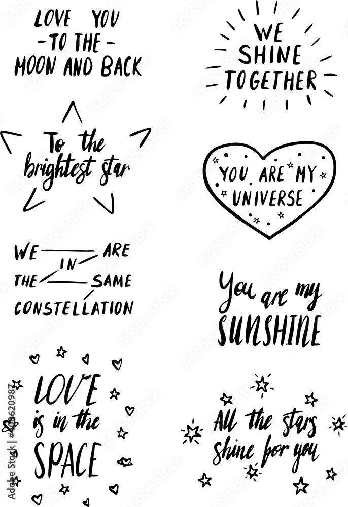 Set of space themed love lettering hand drawn in black on white ...