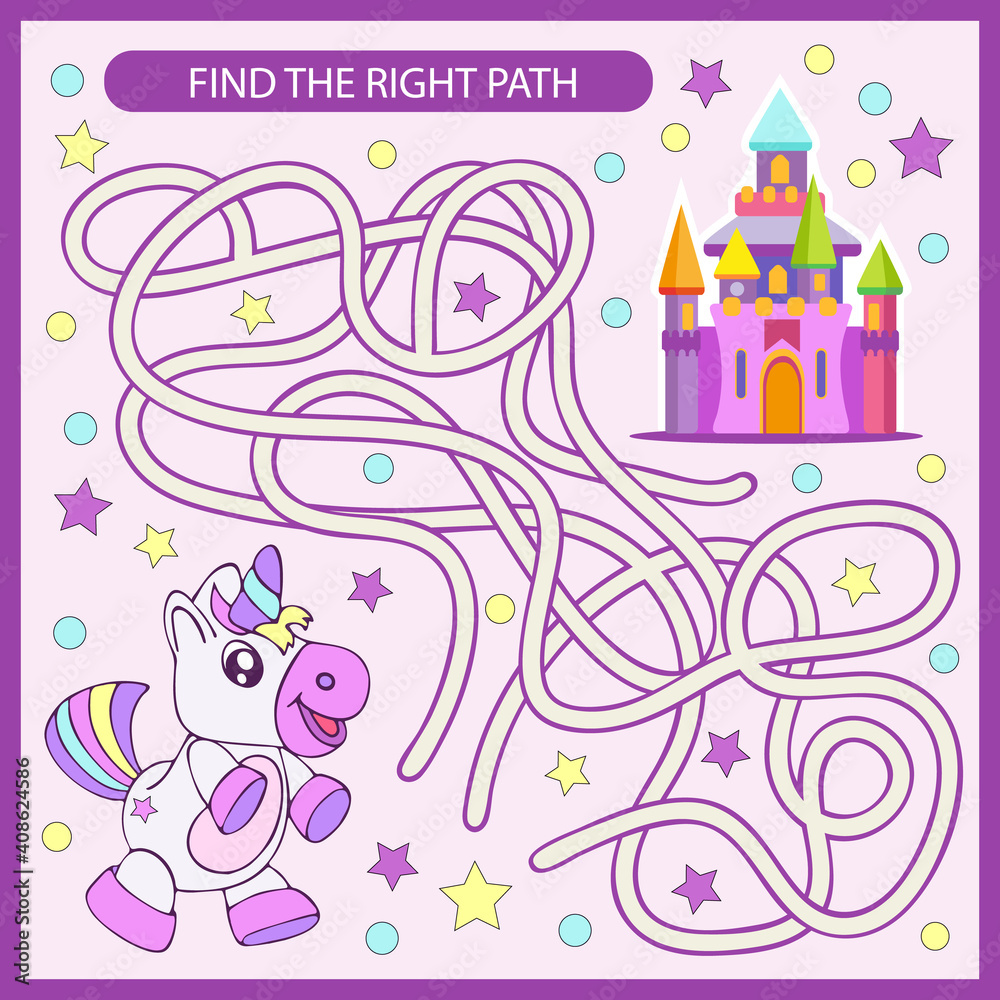 Find the right path maze from unicorn to castle. Children funny riddle ...