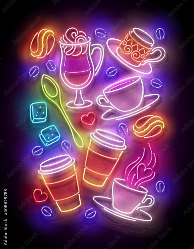 Glow Cups with Different Coffee. Cafe Label. Cappuccino, Espresso ...