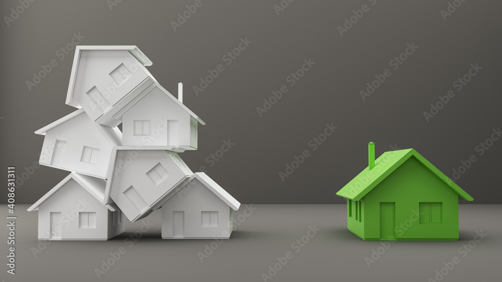 3D render visualization with pile of houses for real estate offer ...
