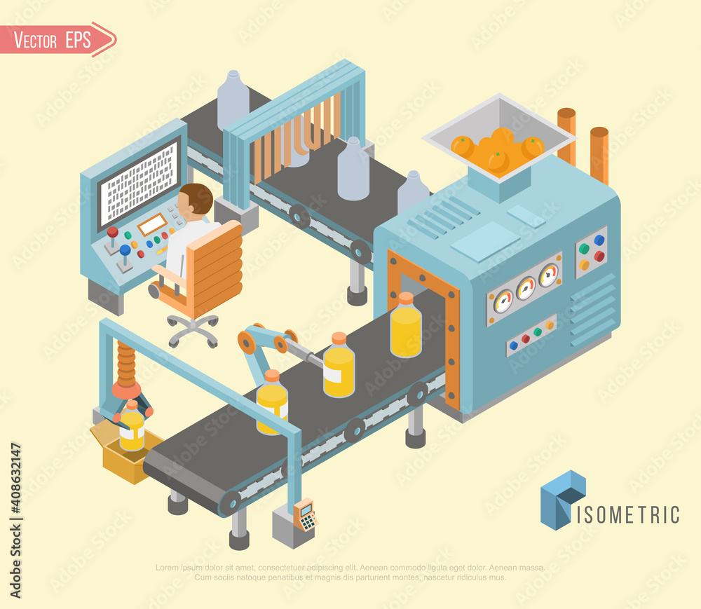 Isometric industrial factory horizontal banners with automated lines of ...