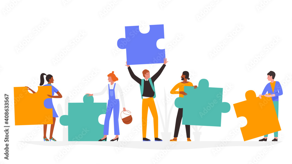 People with puzzle concept vector illustration. Cartoon man woman group ...