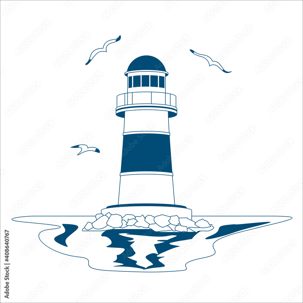 Lighthouse, sketch on a marine theme. Monochrome contour vector ...