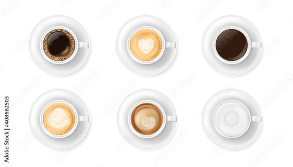 Top view at different white coffee cups on plates. Realistic vector ...