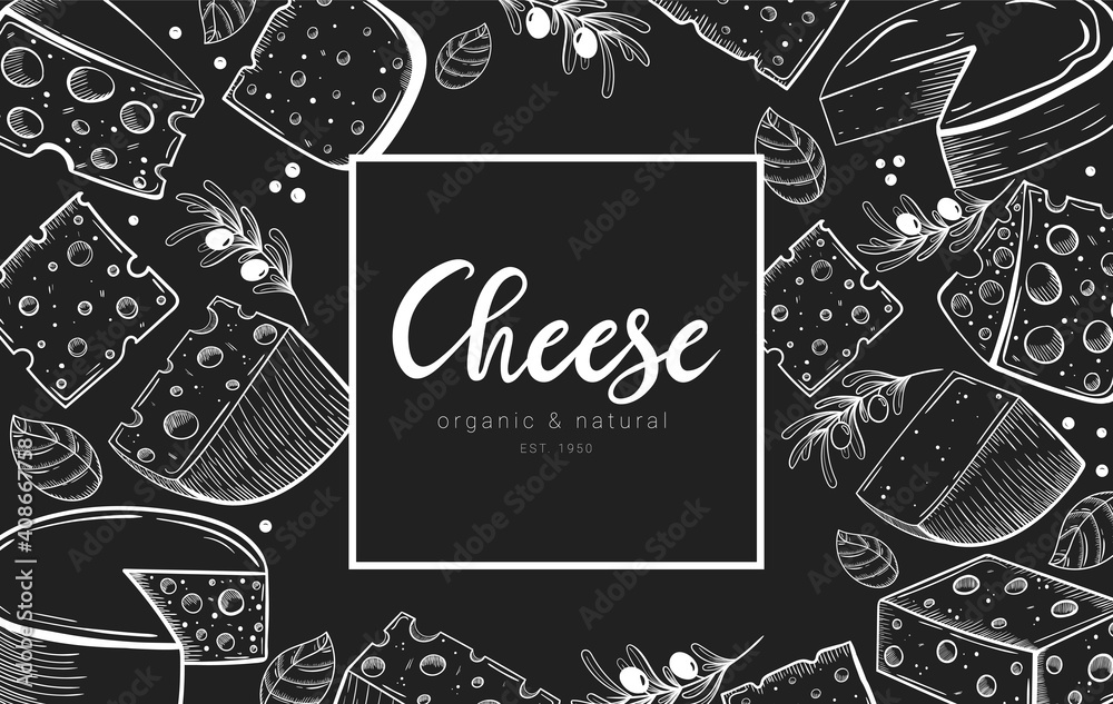Hand drawn cheese set banner template with lettering on chalkboard ...